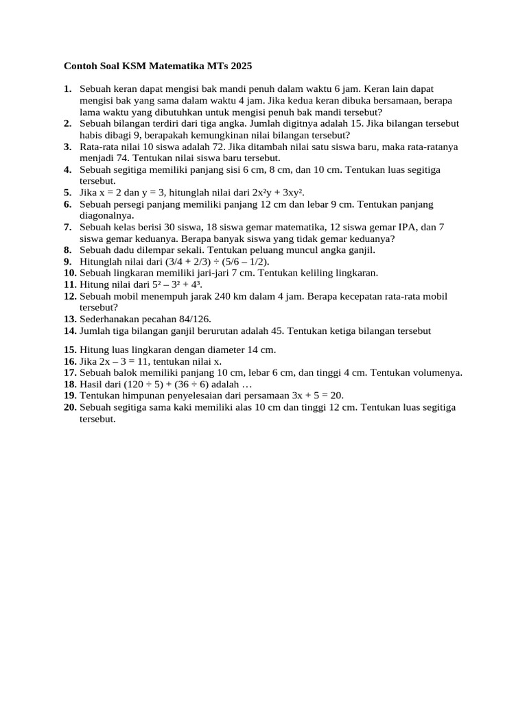 Contoh Soal KSM Matematika MTs 2025 | PDF
