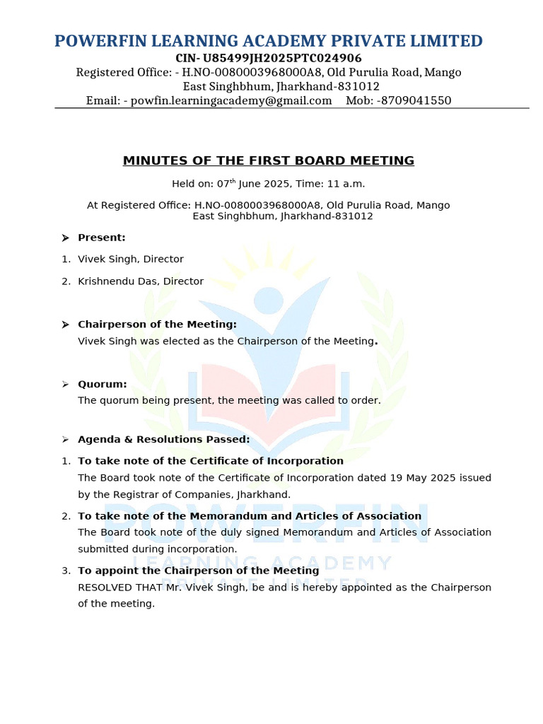 Powerfin First Board Meeting 07-06-25 | PDF | Articles Of Association ...
