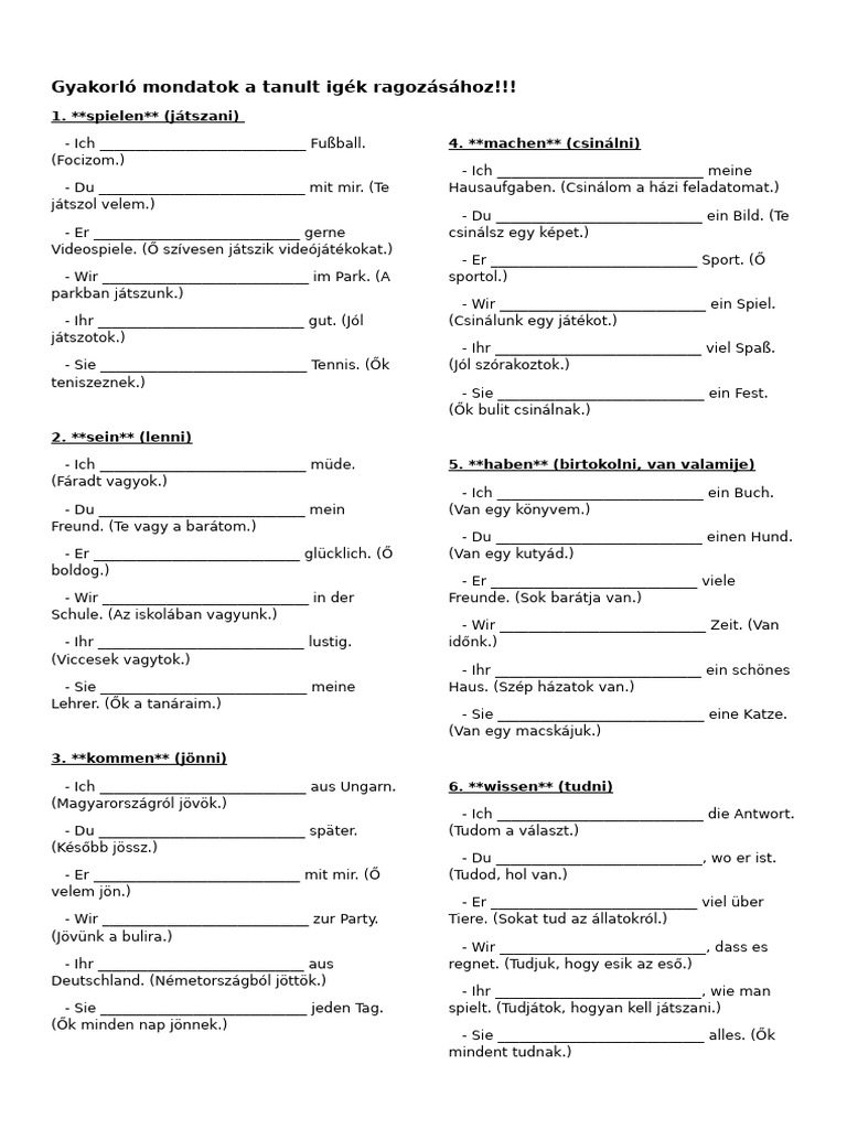 Gyakorló Mondatok A Tanult Igék Ragozásához | PDF