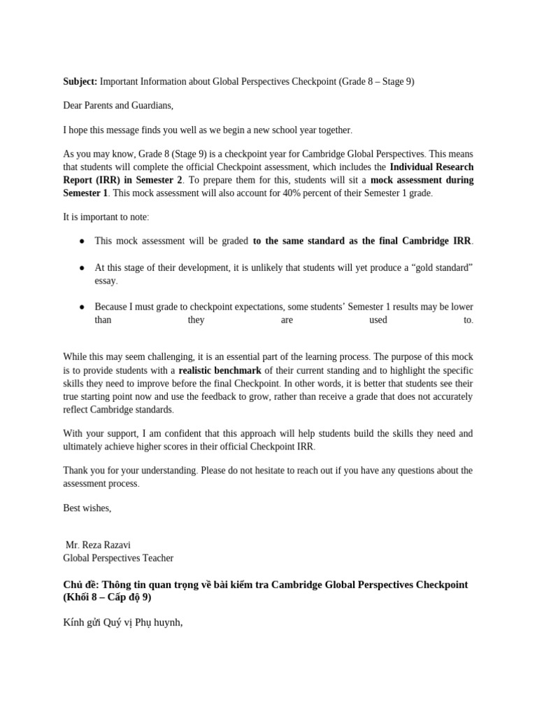 Parents Message - Important Information - Global Perspectives ...