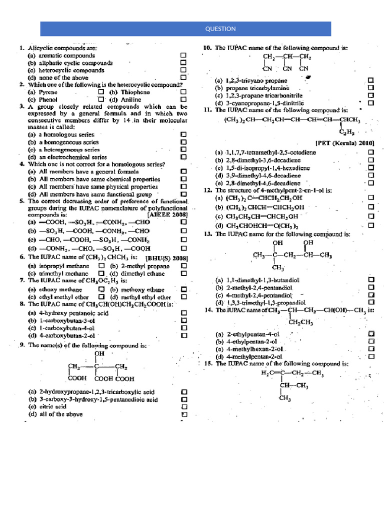 IUPAC Nomenclature Questions Guide | PDF