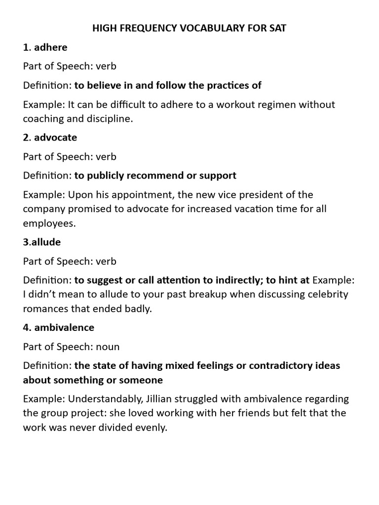 1 High Frequency Vocabulary For Sat | PDF | Part Of Speech | Verb