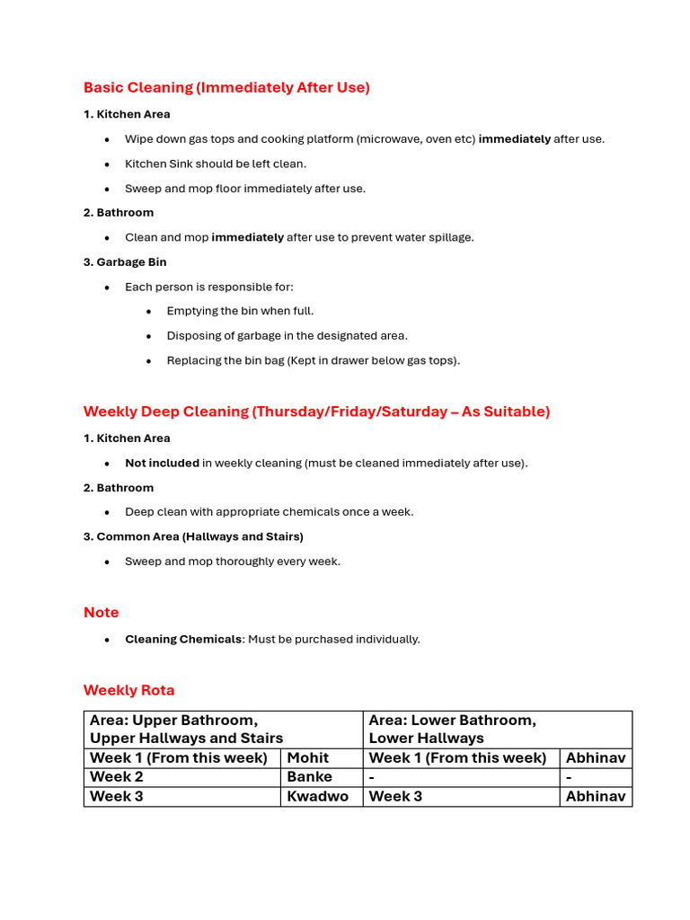Cleaning Rota and Responsibilities | PDF