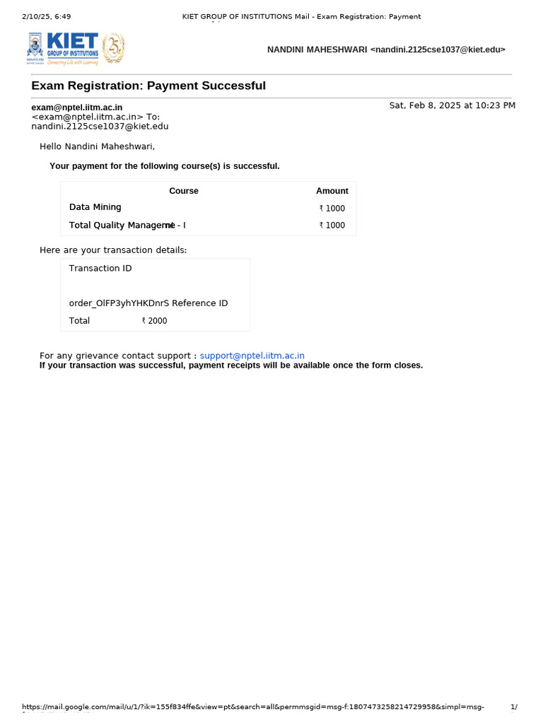 Exam Registration Payment Confirmation | PDF