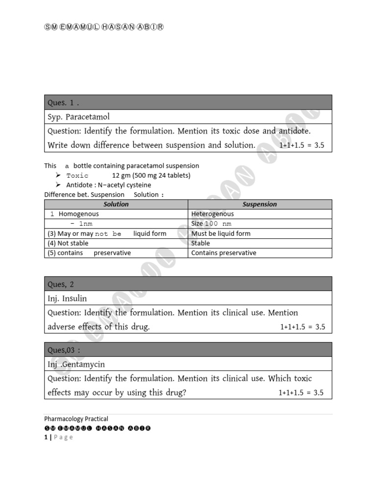 Pharmacology OSPE of 3rd Professional Examination | PDF | Pharmaceutical Formulation | Drugs