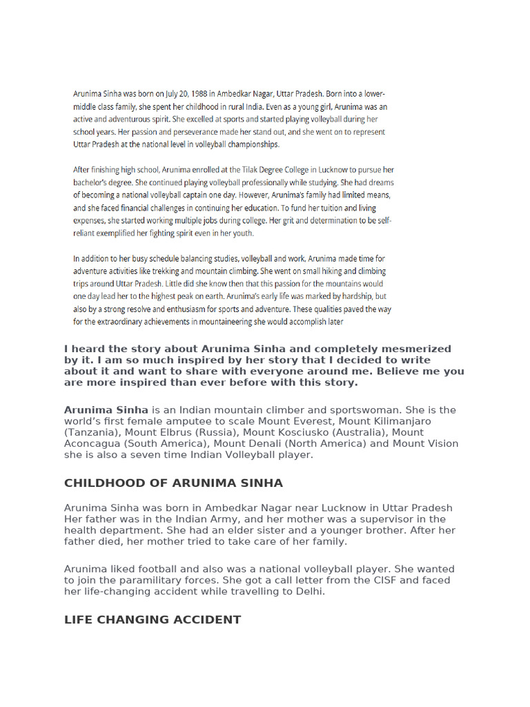 I Heard The Story About Arunima Sinha and Completely Mesmerized by It | PDF