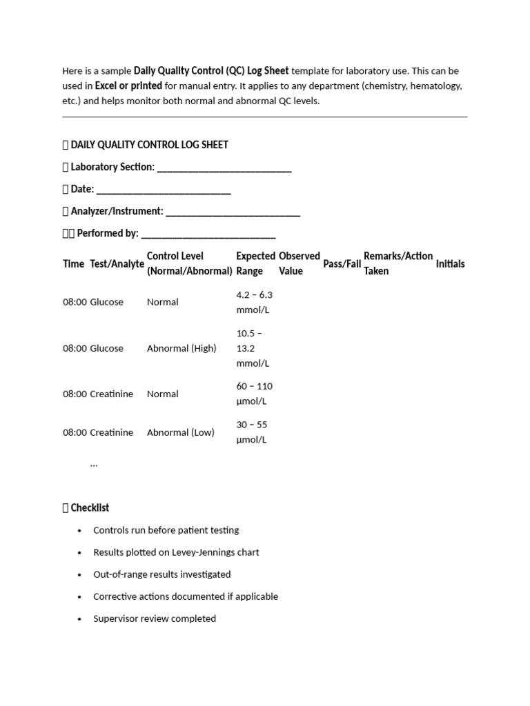 Daily QC Log Sheet Template | PDF