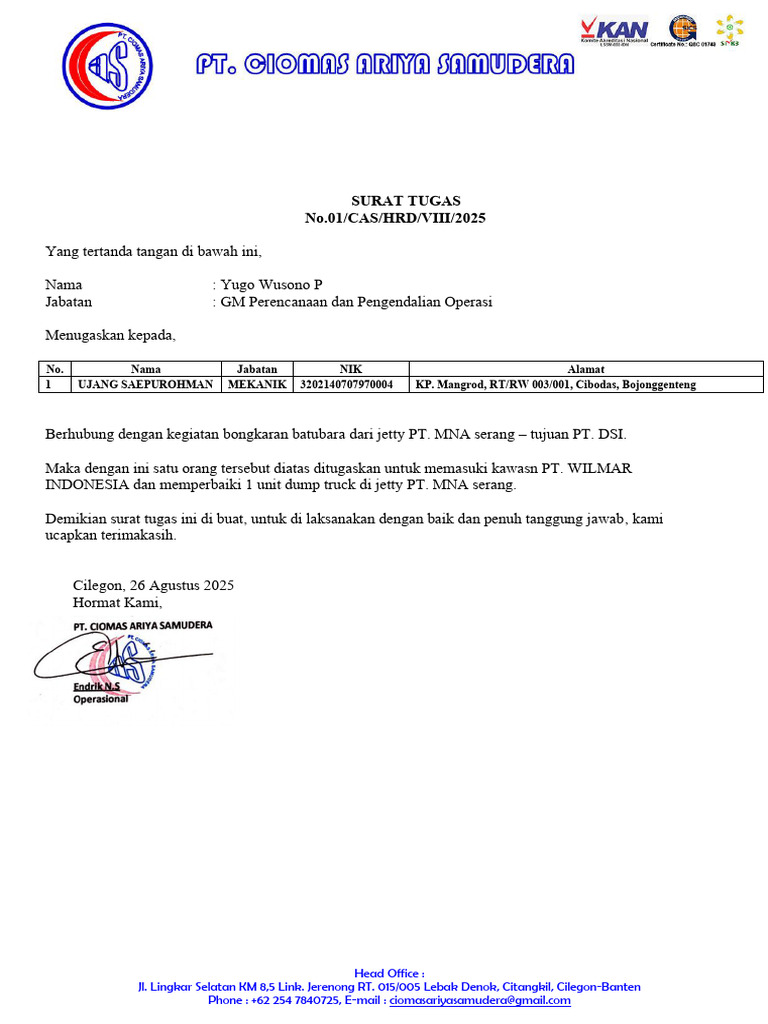 Surat Tugas PT. MNA Serang - PT. DSI | PDF