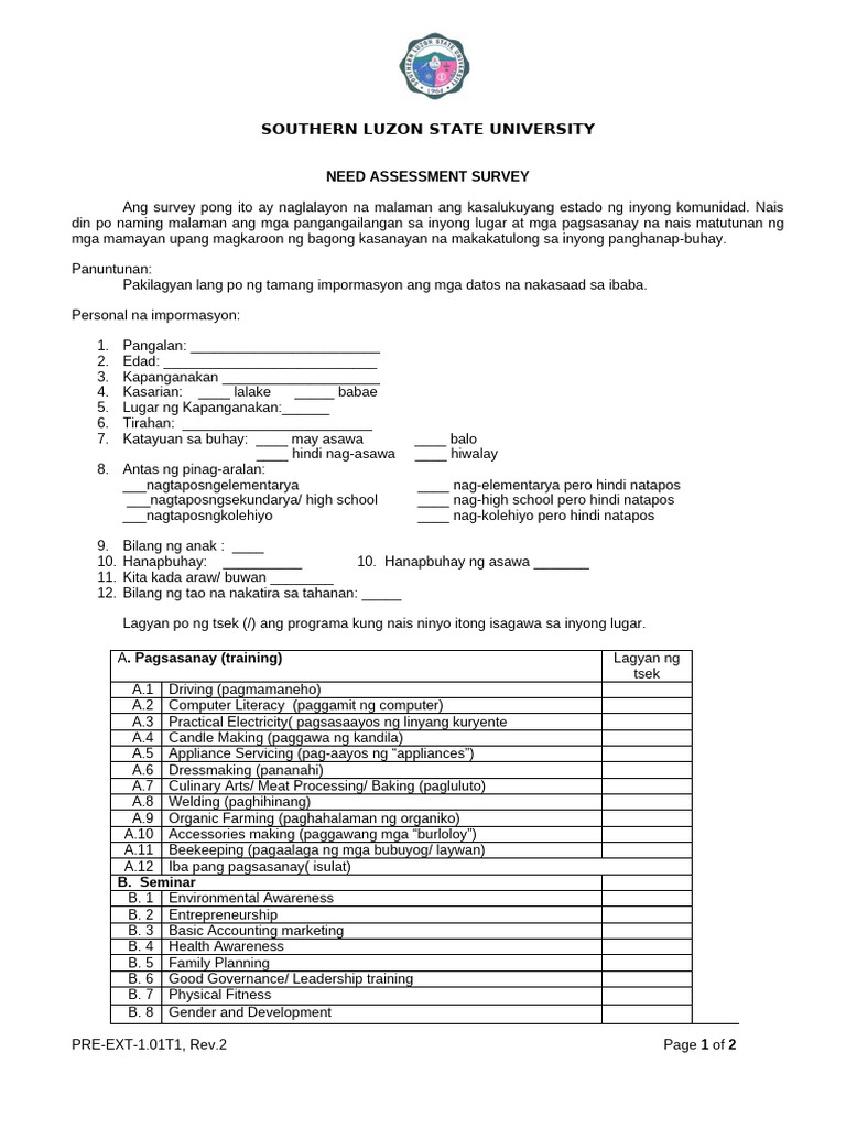 PRE EXT 1.01T1 Need Assessment Survey | PDF