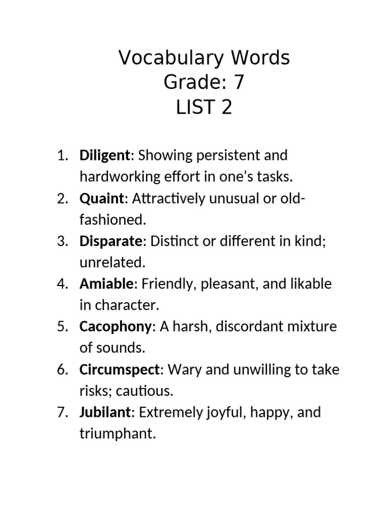 Vocabulary List 2 (Grade 7) | PDF