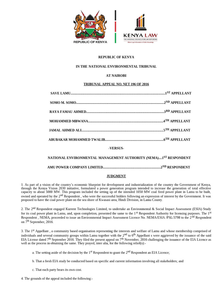 Save Lamu 5 Others V National Environmental Management Authority (NEMA) Another 2019KENET98 (KLR ...