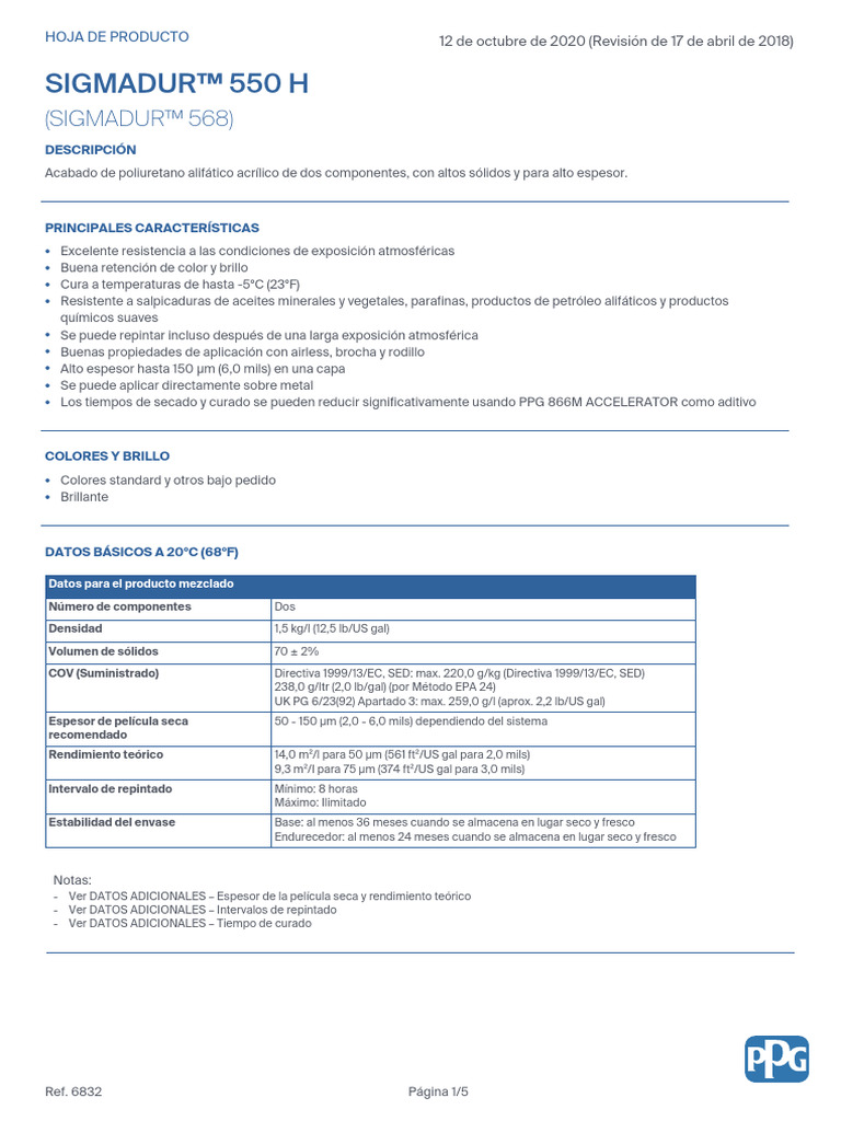 SIGMADUR 550 H Poliuretano Alifático Acrílico Resina 17.4 Endurecedor 2.6 | PDF | Información