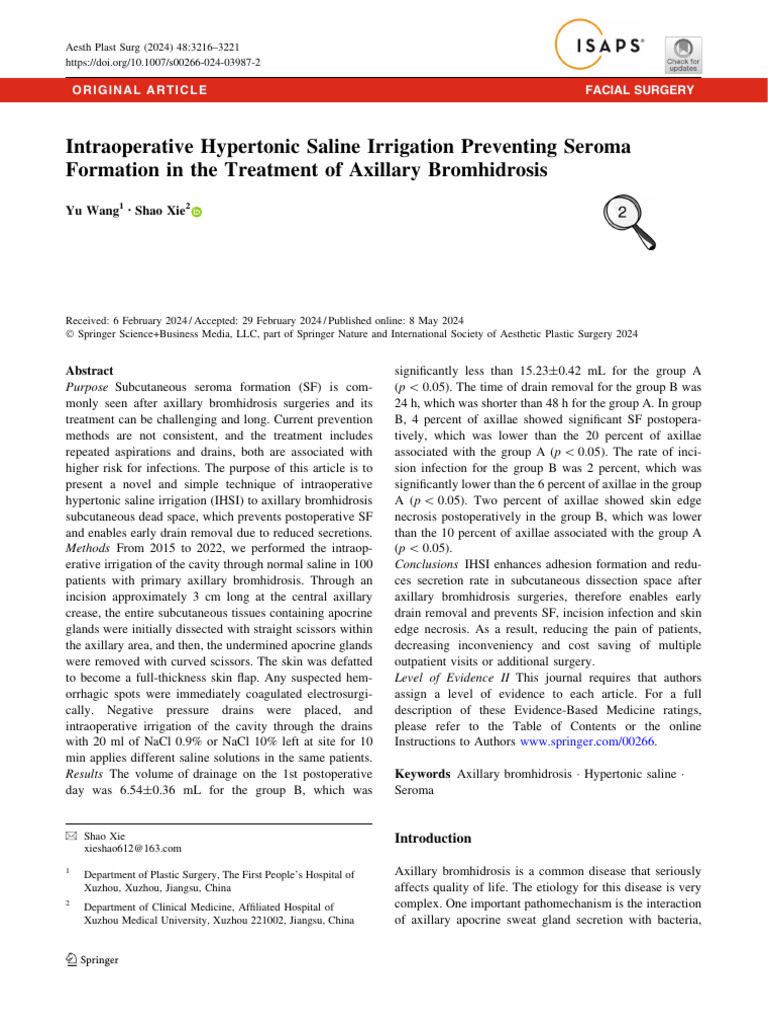 Intraoperative Hypertonic Saline Irrigation Preventing Seroma Formation ...