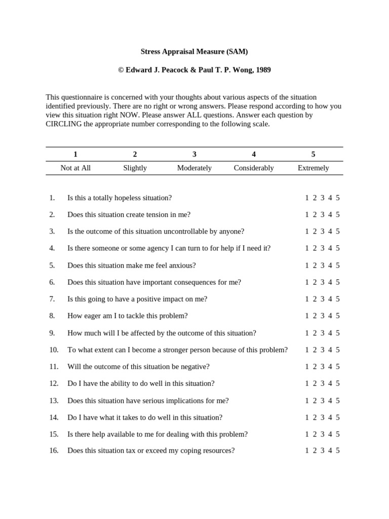 Stress Appraisal Measure (SAM) 1990 | PDF | Stress (Biology) | Mental ...