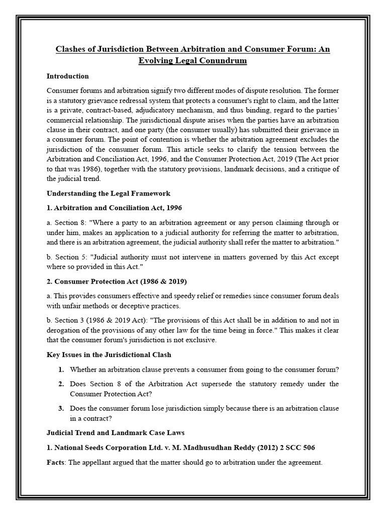 Clashes of Jurisdiction Between Arbitration and Consumer Forum: An ...