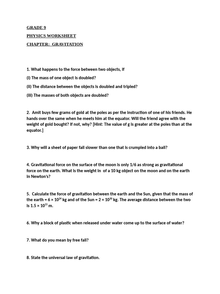 Gravitation Worksheet | PDF
