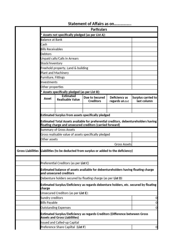 Statement of Affairs (Format) | PDF | Equity (Finance) | Unsecured Debt