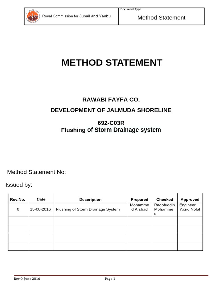 Storm Drain Flushing Method Statement | PDF | Waste | Quality Assurance