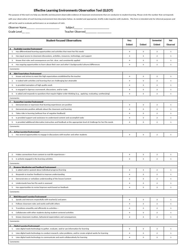 听课评价表Attachment a. ELEOT Observation Form | PDF | Learning | Teachers