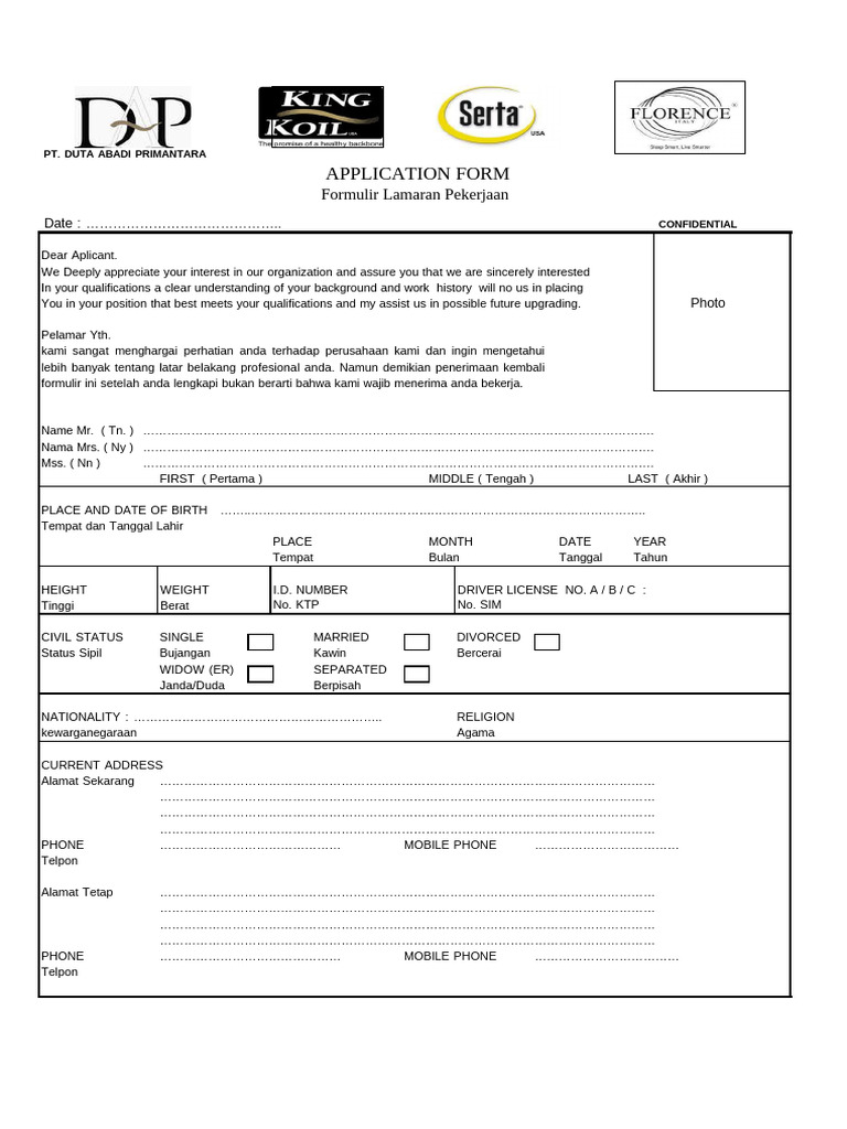 Application Form PT Duta Abadi Primantara | PDF