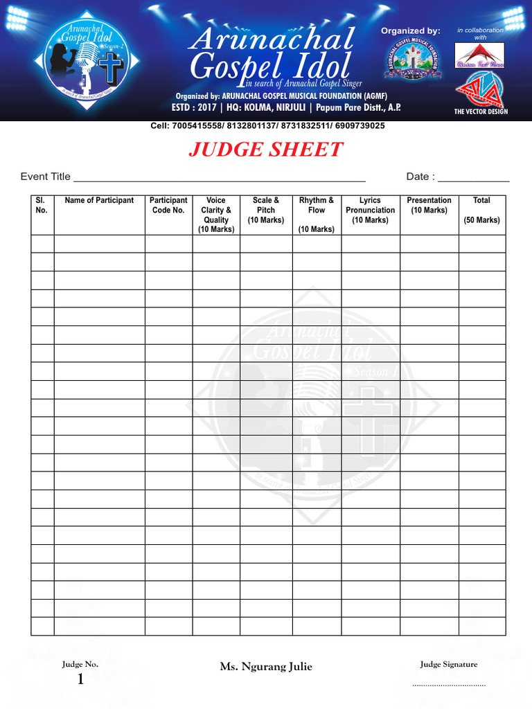 Arunachal Gospel Idol Judge Sheet | PDF