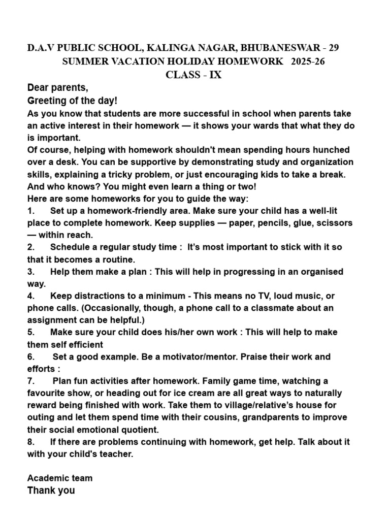 Summer Vacation HHW CL 2025 - Ix | PDF