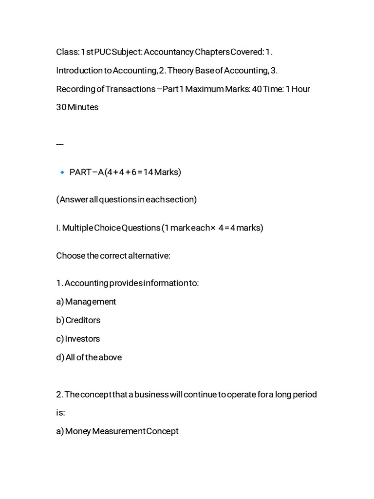 1st PUC Accountancy Exam Guide | PDF | Debits And Credits | Financial ...