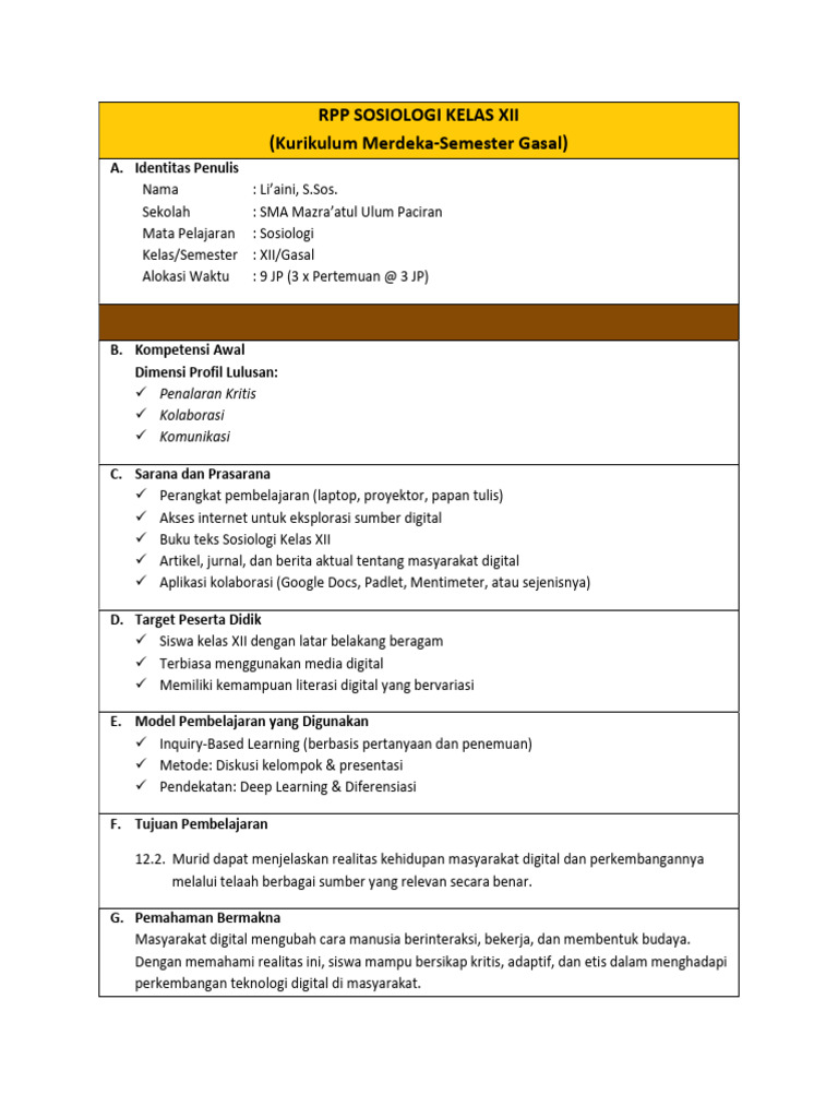RPP Sosiologi Kelas 12: Masyarakat Digital | PDF