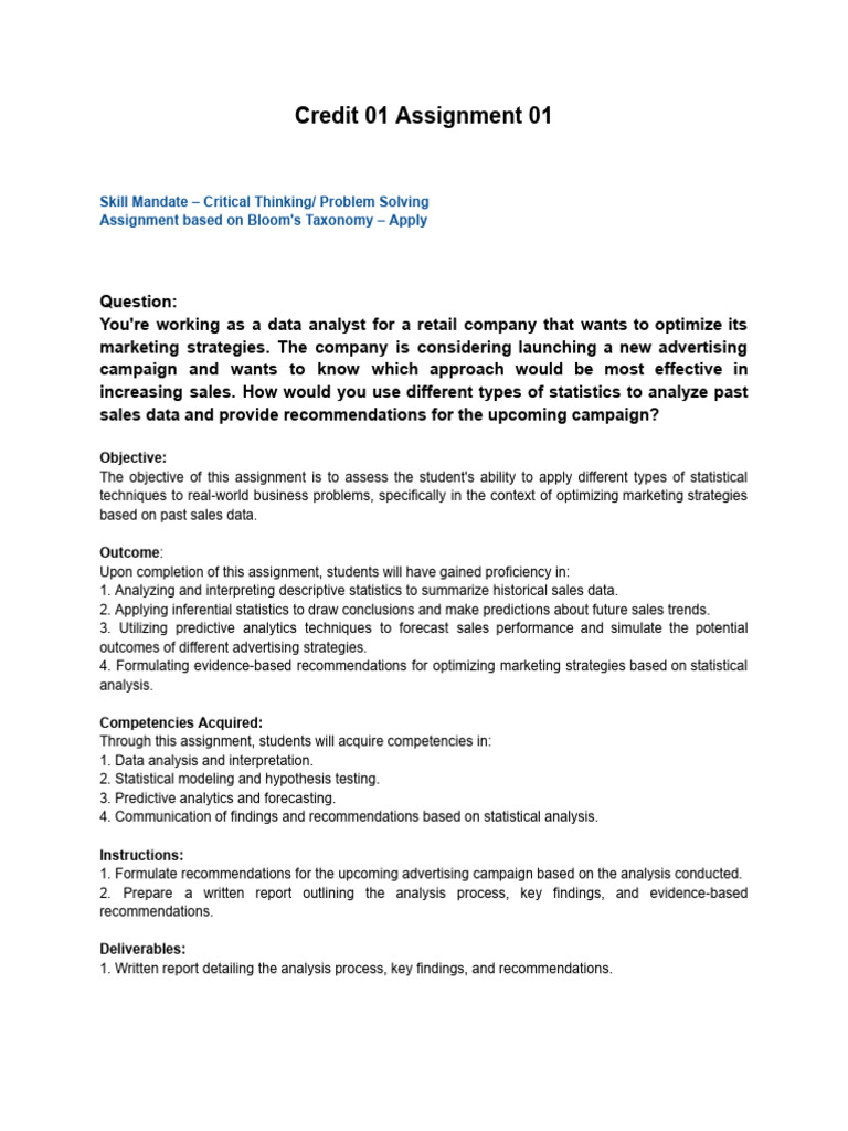 Credit 01 Assignment 01: Skill Mandate - Critical Thinking/ Problem ...