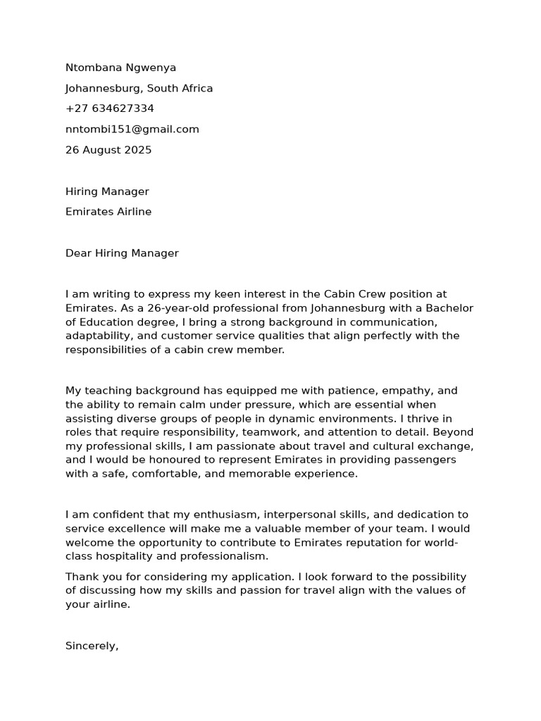 Emirates Cabin Crew Cover Letter | PDF