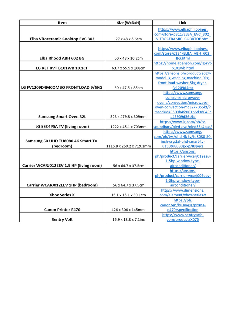 Appliances Dimensions - XLSX Sheet2 | PDF | Consumer Electronics