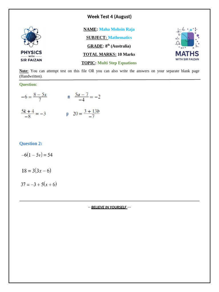 8th Grade Math Test: Multi-Step Equations | PDF
