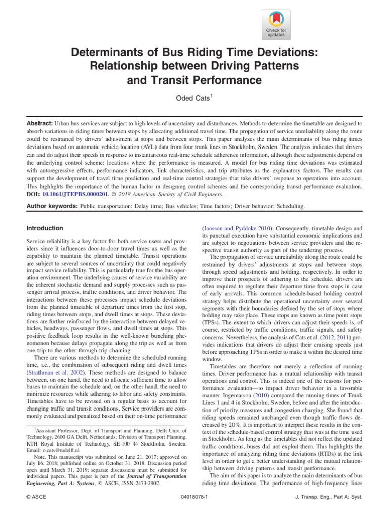 Cats Determinants of Bus Riding Time Deviations Relationship Between ...