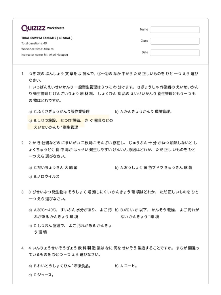 Trial SSW PM Takumi 2 (40 Soal) - Quizizz | PDF