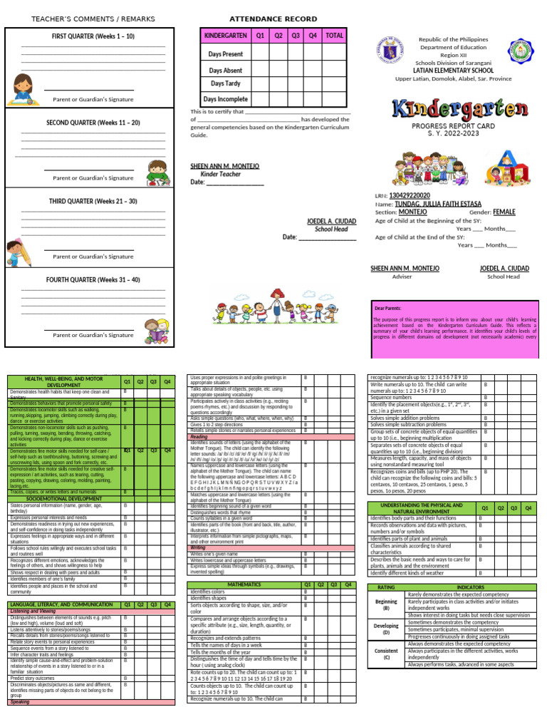 Kindergarten Progress Report Card | PDF | Word | Human Communication