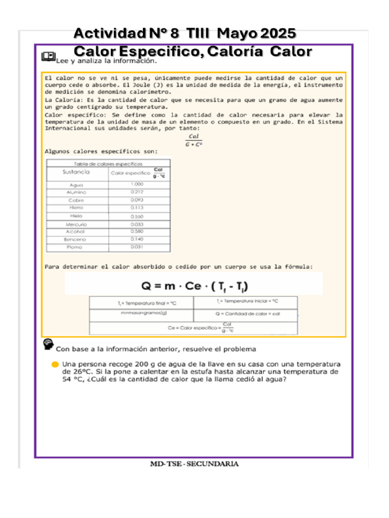 Calor Esp3ecifico Caloria y Ejercicios Actividad #8 MAyo 2025 TIII | PDF