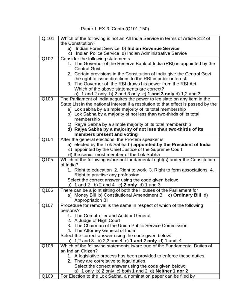 Indian Constitution Quiz Questions 101-150 | PDF | Government Of India ...