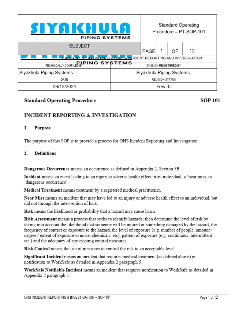 CW Sop 101 Ohs Incident Reporting and Investigation | PDF | Hazards ...
