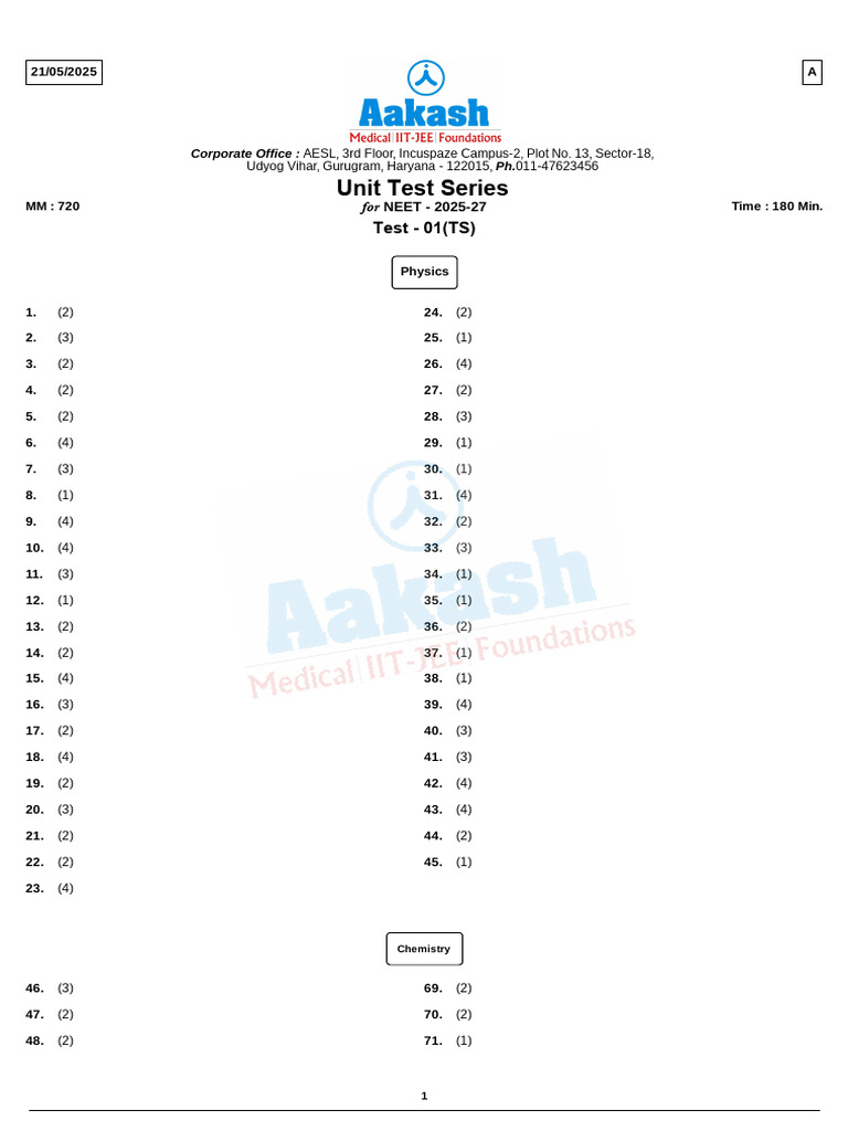 (TS) Tym - JCT (Phase-2) For Neet - Ut-01!21!05-2025 - Key & Solutions | PDF | Epithelium ...