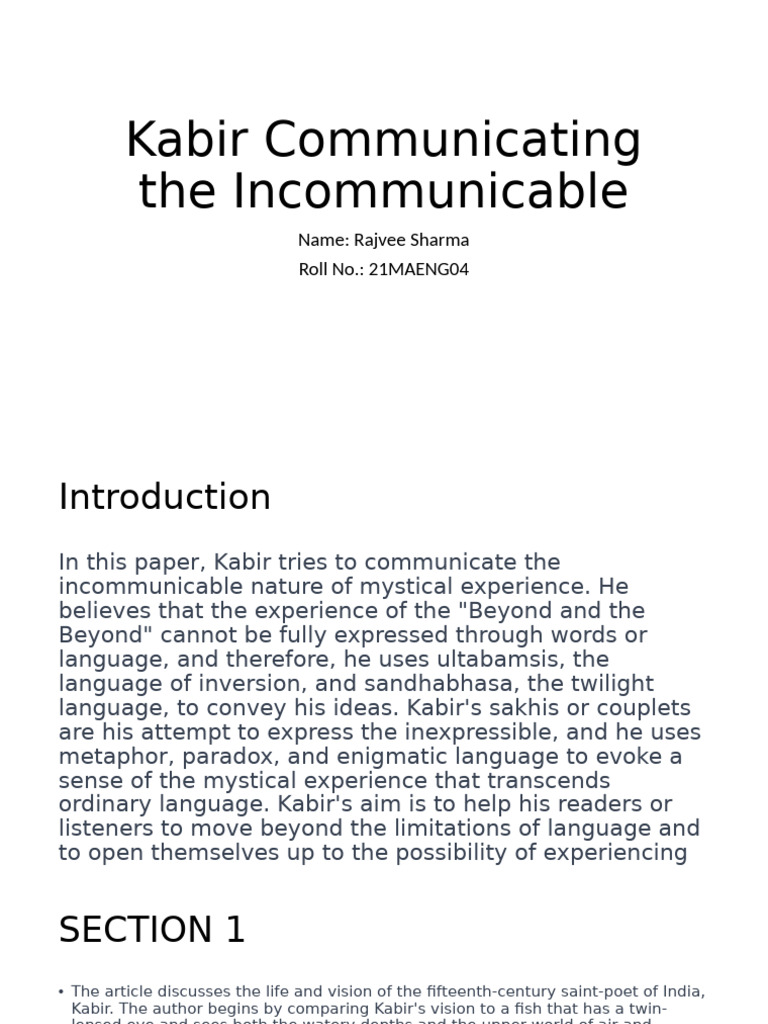 Kabir Communicating The Incommunicable | PDF | Divinity | Poetry
