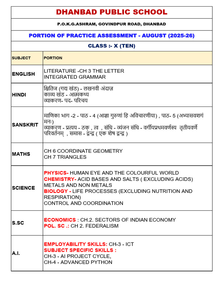 Std x (Portion of Practice Assessment) (2025-26) | PDF