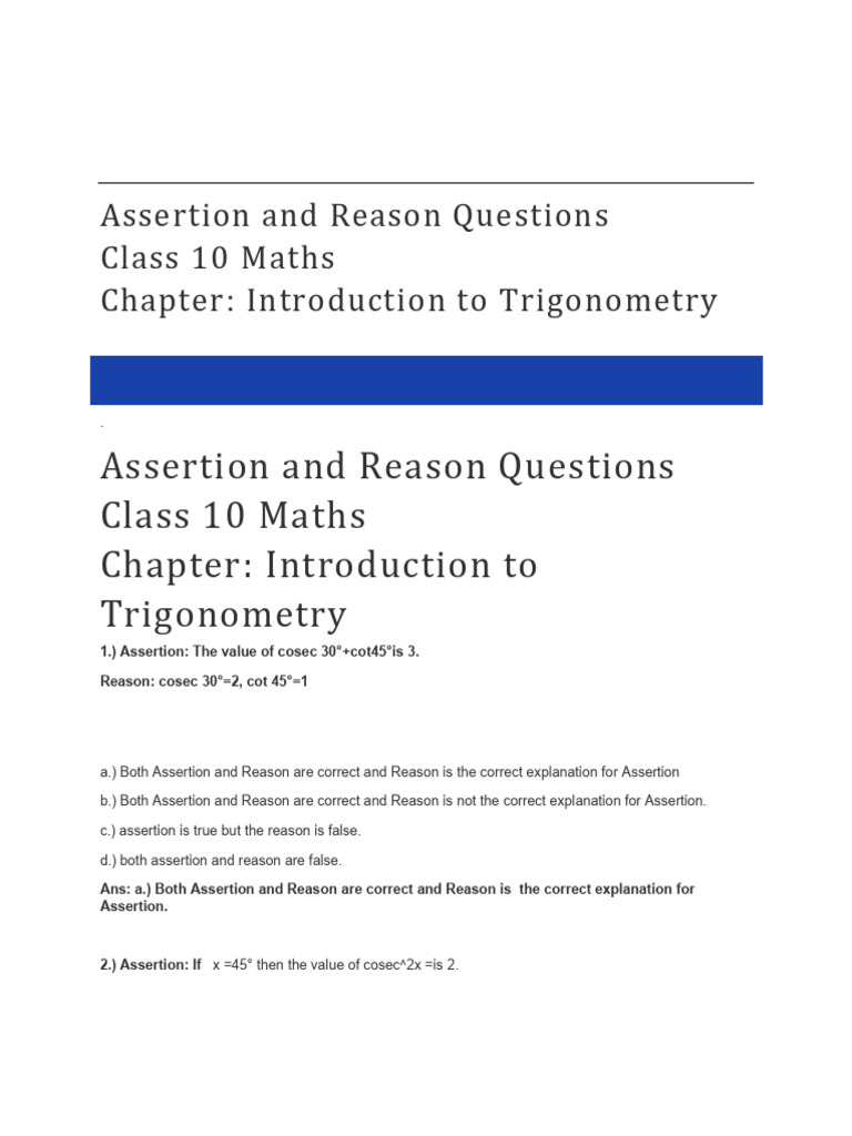 (Assertion&Reasoning) Trigonometry Class10 | PDF | Trigonometric ...