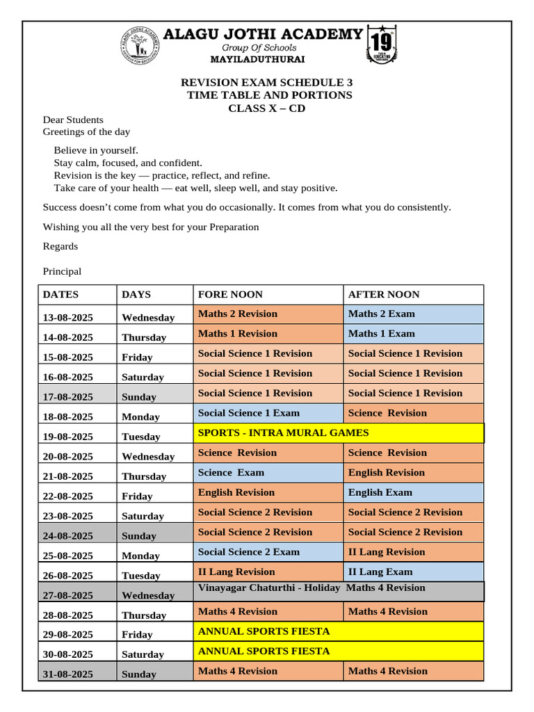 Revision Exam 3 Schedule Class X CD Revised Updated | PDF