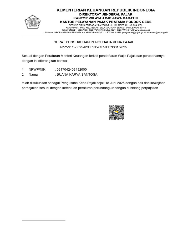 Surat Pengukuhan Pengusaha Kena Pajak | PDF
