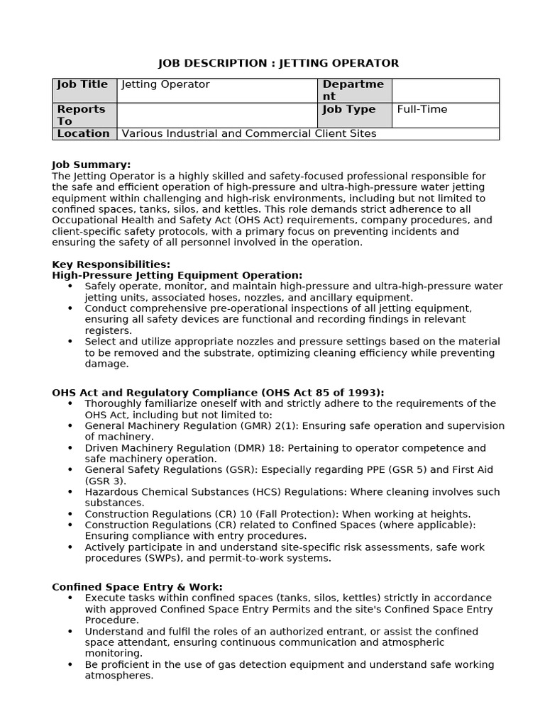 Jetting Operator Job Description | PDF | Occupational Safety And Health ...