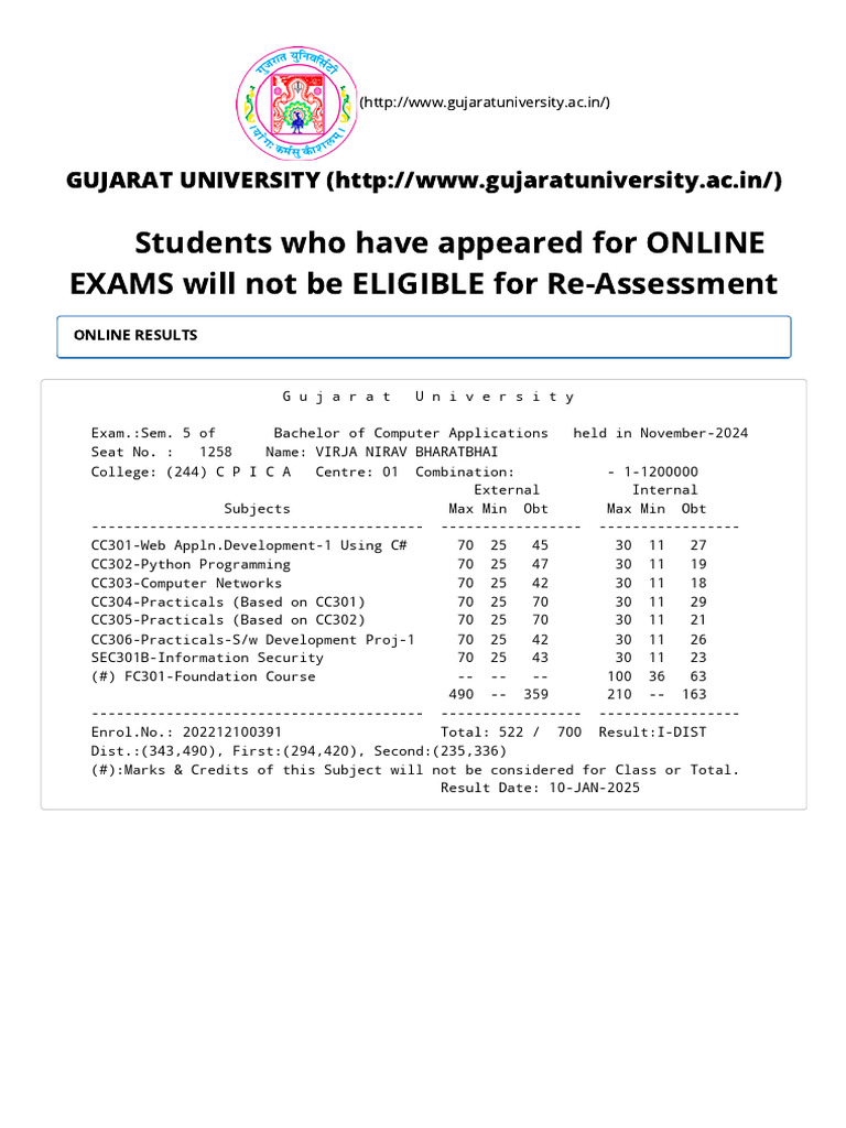Gujarat University Sem 5 Results | PDF