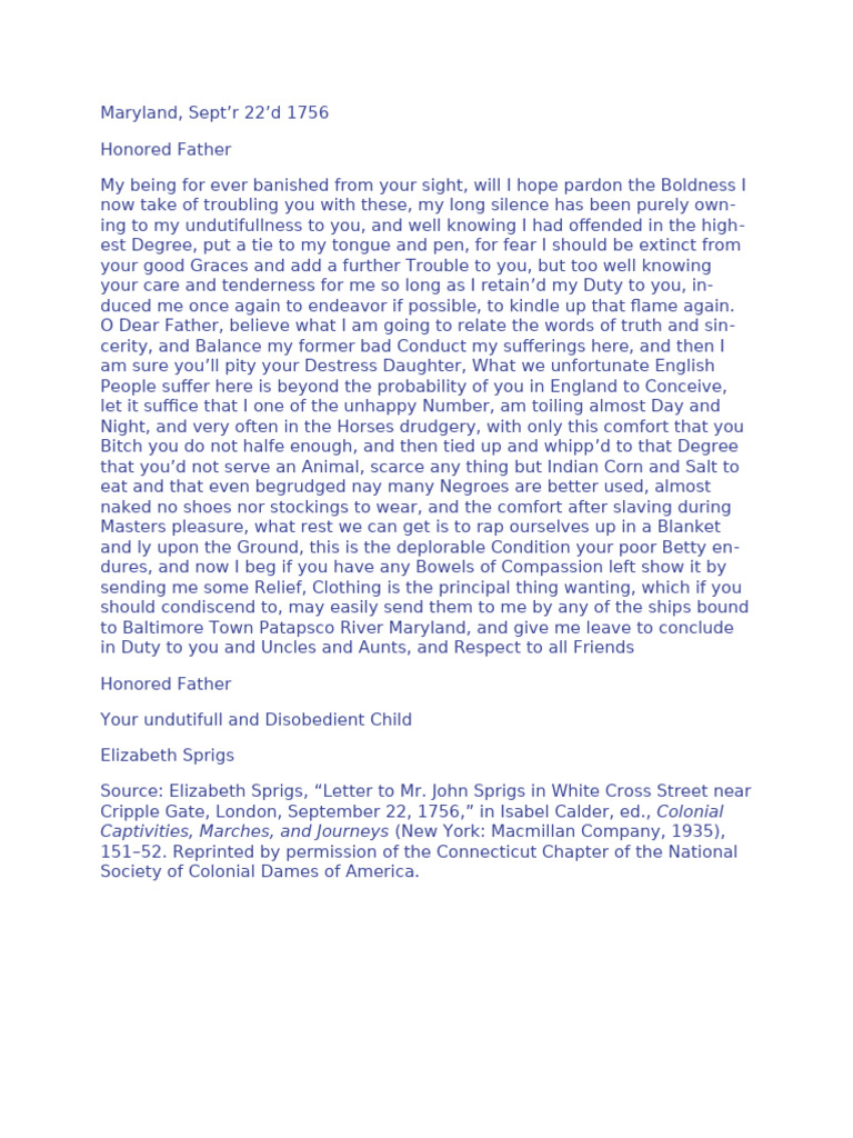 Letter From An Indentured Servant | PDF