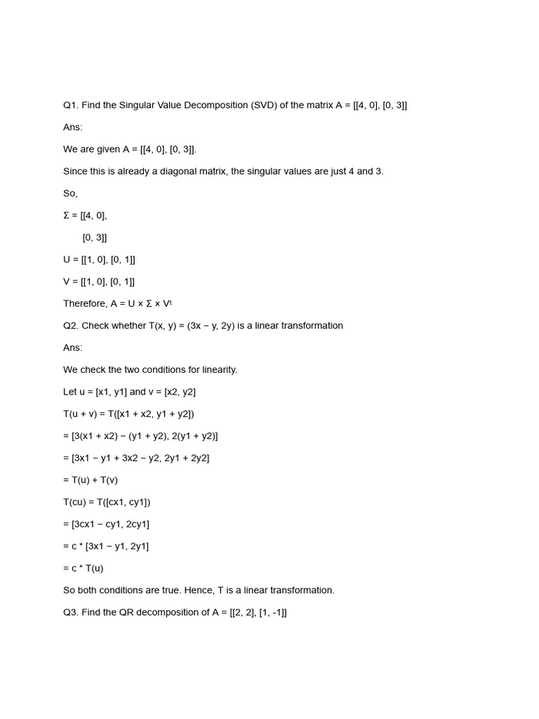Linear Algebra Assignment PDF | PDF