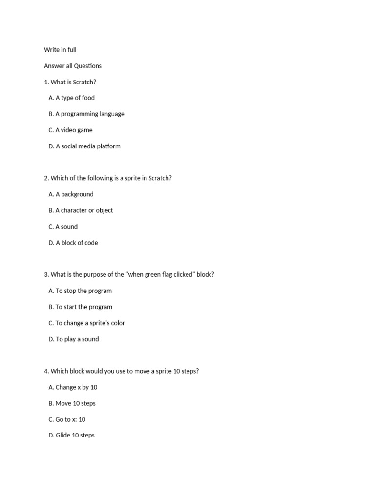 Scratch Q&A Worksheet for Grade 6 | PDF | Scratch (Programming Language ...