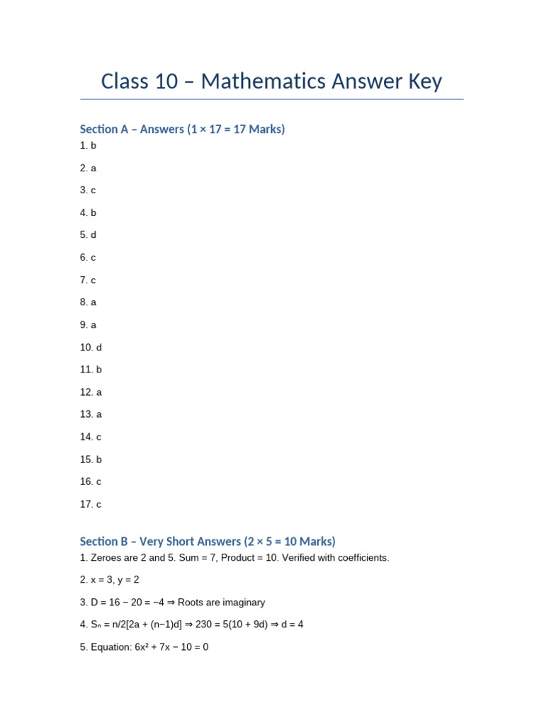 Class 10 Math Answer Key | PDF